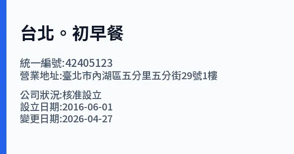 台北。初早餐的照片-統編 42405123(臺北市) 公司登記資料與營業項目詳細圖表