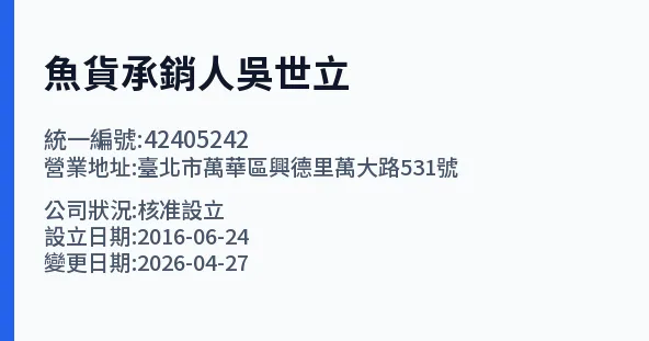 魚貨承銷人吳世立的照片-統編 42405242(臺北市) 公司登記資料與營業項目詳細圖表