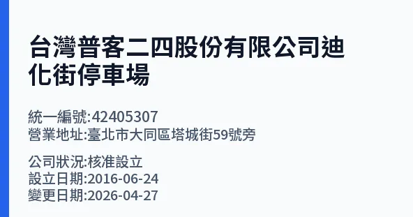 台灣普客二四股份有限公司迪化街停車場的照片-統編 42405307(臺北市) 公司登記資料與營業項目詳細圖表