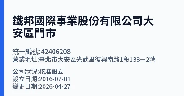 鐵邦國際事業股份有限公司大安區門市的照片-統編 42406208(臺北市) 公司登記資料與營業項目詳細圖表
