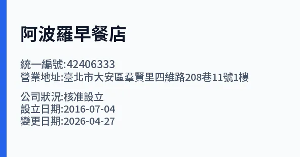 阿波羅早餐店的照片-統編 42406333(臺北市) 公司登記資料與營業項目詳細圖表
