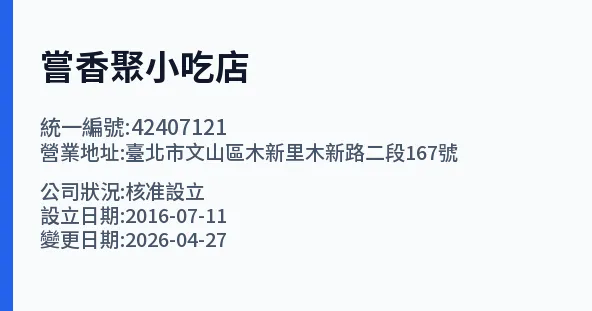 嘗香聚小吃店的照片-統編 42407121(臺北市) 公司登記資料與營業項目詳細圖表