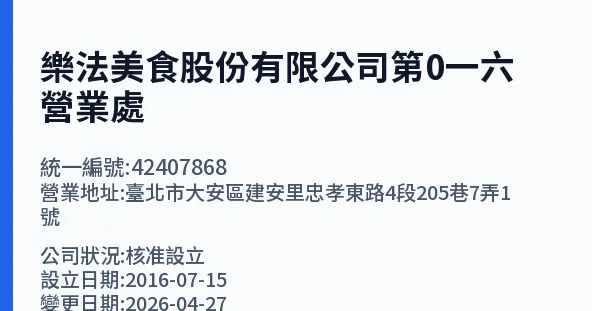 樂法美食股份有限公司第0一六營業處的照片-統編 42407868(臺北市) 公司登記資料與營業項目詳細圖表