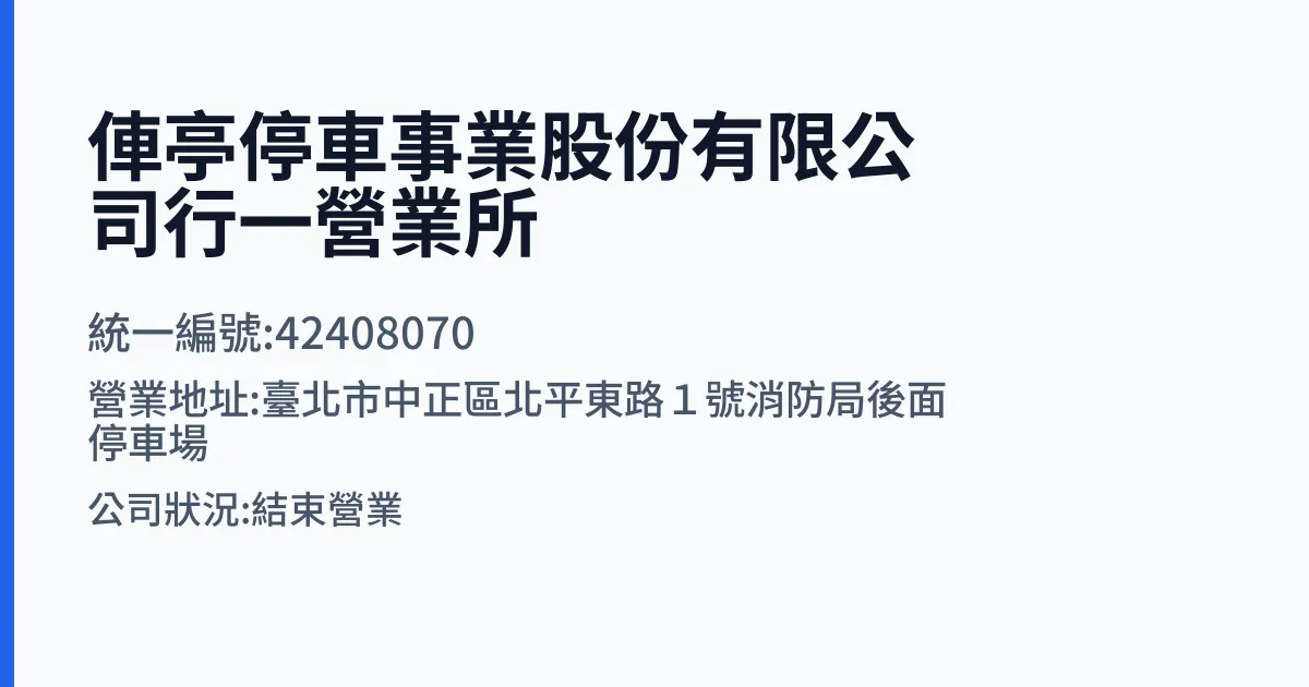 俥亭停車事業股份有限公司行一營業所 - 統編 42408070(臺北市) 公司登記資料與營業項目詳細圖表