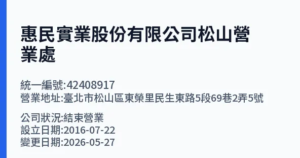 惠民實業股份有限公司松山營業處的照片-統編 42408917(臺北市) 公司登記資料與營業項目詳細圖表