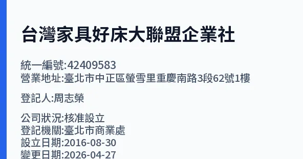 台灣家具好床大聯盟企業社的照片-統編 42409583(臺北市) 公司登記資料與營業項目詳細圖表