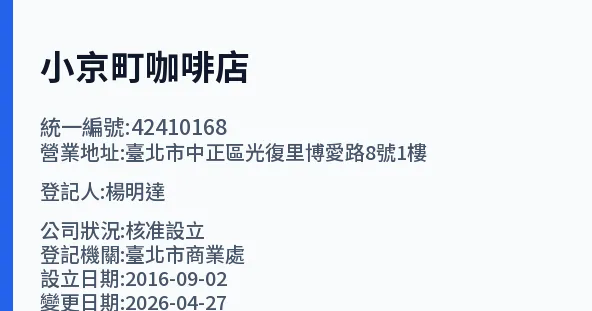 小京町咖啡店的照片-統編 42410168(臺北市) 公司登記資料與營業項目詳細圖表