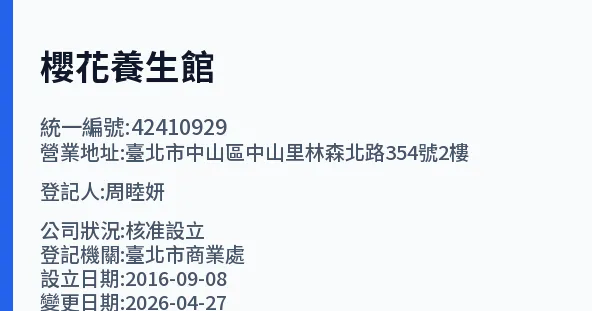 櫻花養生館的照片-統編 42410929(臺北市) 公司登記資料與營業項目詳細圖表