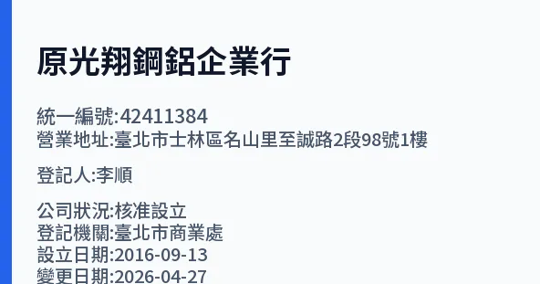 原光翔鋼鋁企業行的照片-統編 42411384(臺北市) 公司登記資料與營業項目詳細圖表