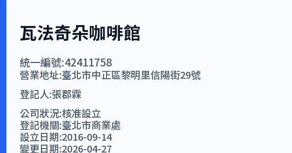 瓦法奇朵咖啡館的照片-統編 42411758(臺北市) 公司登記資料與營業項目詳細圖表