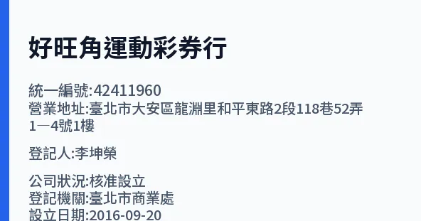 好旺角運動彩券行的照片-統編 42411960(臺北市) 公司登記資料與營業項目詳細圖表