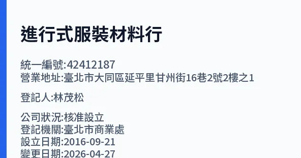 進行式服裝材料行的照片-統編 42412187(臺北市) 公司登記資料與營業項目詳細圖表