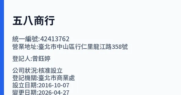 五八商行的照片-統編 42413762(臺北市) 公司登記資料與營業項目詳細圖表