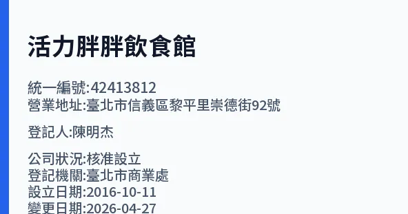 活力胖胖飲食館的照片-統編 42413812(臺北市) 公司登記資料與營業項目詳細圖表