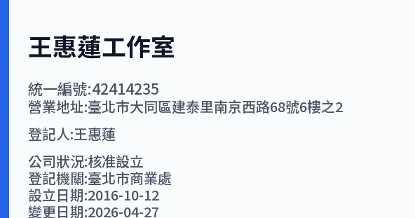王惠蓮工作室的照片-統編 42414235(臺北市) 公司登記資料與營業項目詳細圖表