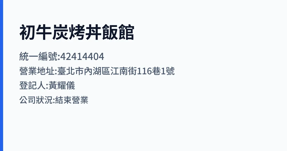 初牛炭烤丼飯館 - 統編 42414404(臺北市) 公司登記資料與營業項目詳細圖表