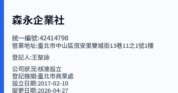 森永企業社的照片-統編 42414798(臺北市) 公司登記資料與營業項目詳細圖表