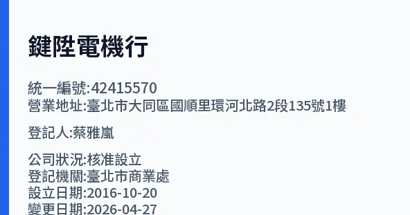 鍵陞電機行的照片-統編 42415570(臺北市) 公司登記資料與營業項目詳細圖表