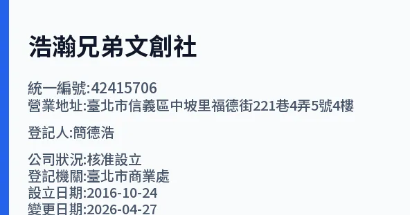 浩瀚兄弟文創社的照片-統編 42415706(臺北市) 公司登記資料與營業項目詳細圖表