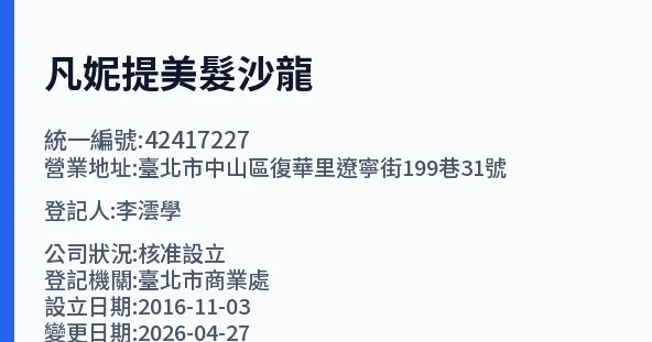 凡妮提美髮沙龍的照片-統編 42417227(臺北市) 公司登記資料與營業項目詳細圖表