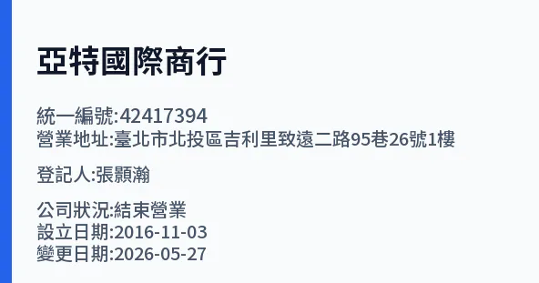 亞特國際商行的照片-統編 42417394(臺北市) 公司登記資料與營業項目詳細圖表