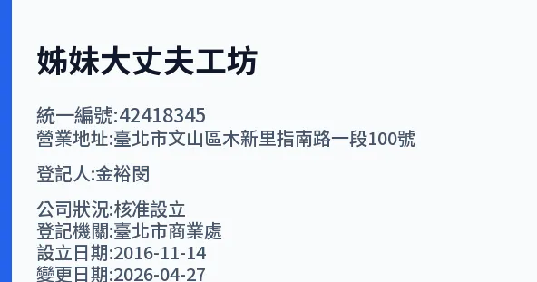 姊妹大丈夫工坊的照片-統編 42418345(臺北市) 公司登記資料與營業項目詳細圖表