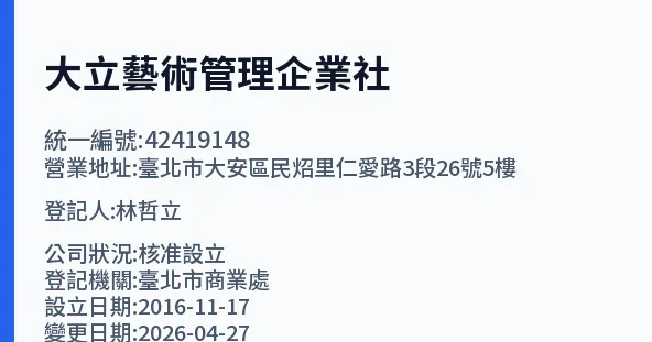 大立藝術管理企業社的照片-統編 42419148(臺北市) 公司登記資料與營業項目詳細圖表