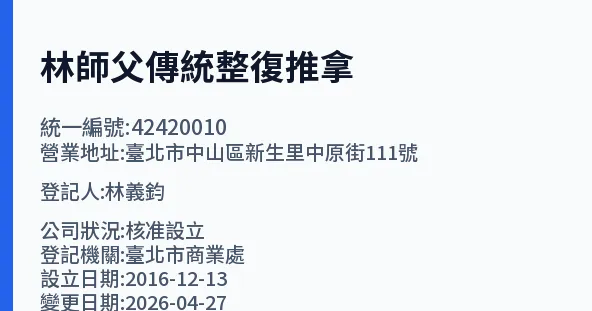 林師父傳統整復推拿的照片-統編 42420010(臺北市) 公司登記資料與營業項目詳細圖表