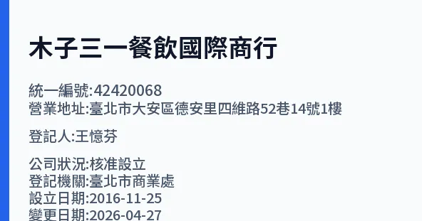 木子三一餐飲國際商行的照片-統編 42420068(臺北市) 公司登記資料與營業項目詳細圖表