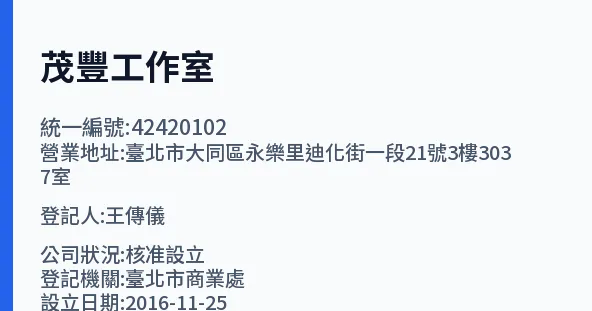 茂豐工作室的照片-統編 42420102(臺北市) 公司登記資料與營業項目詳細圖表
