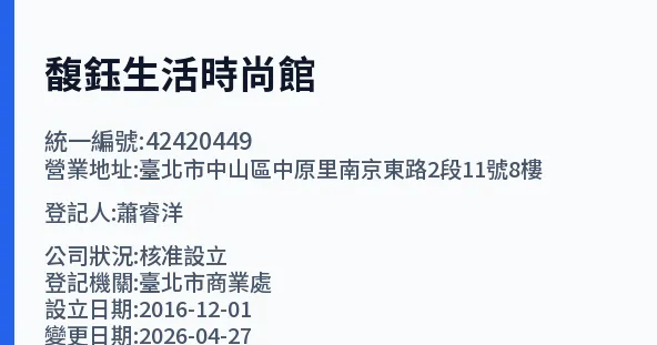馥鈺生活時尚館的照片-統編 42420449(臺北市) 公司登記資料與營業項目詳細圖表
