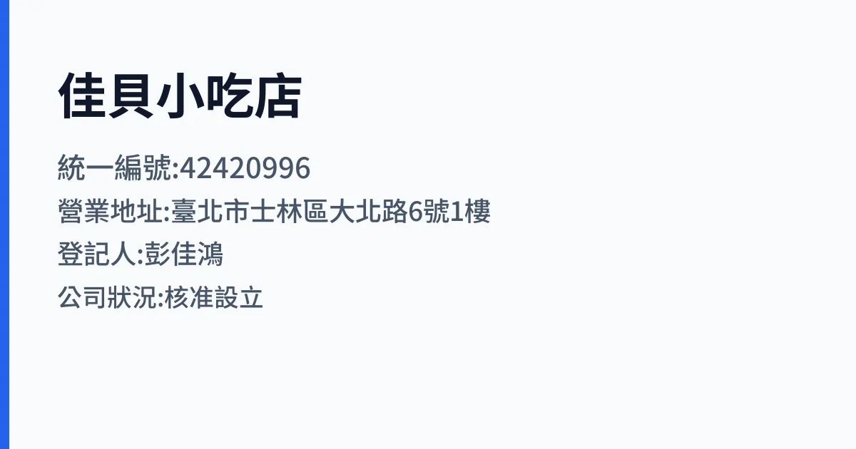 佳貝小吃店 - 統編 42420996(臺北市) 公司登記資料與營業項目詳細圖表