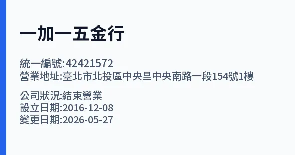 一加一五金行的照片-統編 42421572(臺北市) 公司登記資料與營業項目詳細圖表