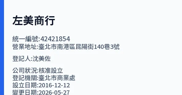 左美商行的照片-統編 42421854(臺北市) 公司登記資料與營業項目詳細圖表