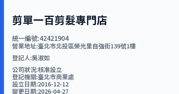 剪單一百剪髮專門店的照片-統編 42421904(臺北市) 公司登記資料與營業項目詳細圖表