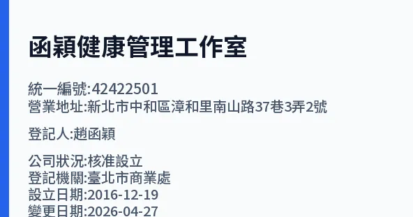 函穎健康管理工作室的照片-統編 42422501(新北市) 公司登記資料與營業項目詳細圖表