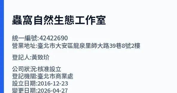 蟲窩自然生態工作室的照片-統編 42422690(臺北市) 公司登記資料與營業項目詳細圖表