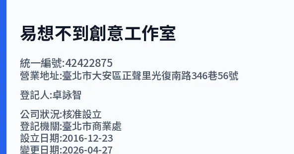 易想不到創意工作室的照片-統編 42422875(臺北市) 公司登記資料與營業項目詳細圖表