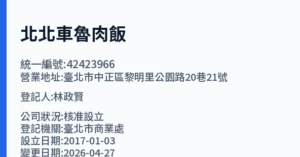 北北車魯肉飯的照片-統編 42423966(臺北市) 公司登記資料與營業項目詳細圖表