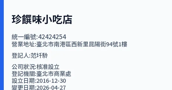 珍饌味小吃店的照片-統編 42424254(臺北市) 公司登記資料與營業項目詳細圖表