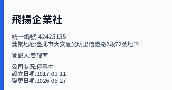 飛揚企業社的照片-統編 42425155(臺北市) 公司登記資料與營業項目詳細圖表