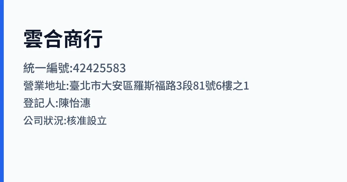 雲合商行 - 統編 42425583(臺北市) 公司登記資料與營業項目詳細圖表