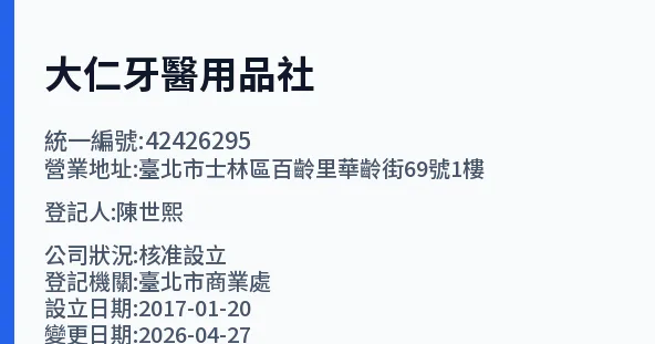 大仁牙醫用品社的照片-統編 42426295(臺北市) 公司登記資料與營業項目詳細圖表