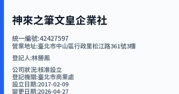 神來之筆文皇企業社的照片-統編 42427597(臺北市) 公司登記資料與營業項目詳細圖表