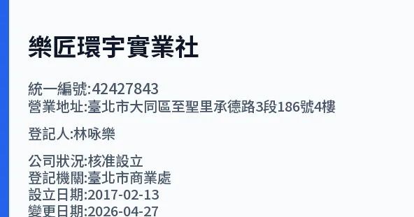 樂匠環宇實業社的照片-統編 42427843(臺北市) 公司登記資料與營業項目詳細圖表