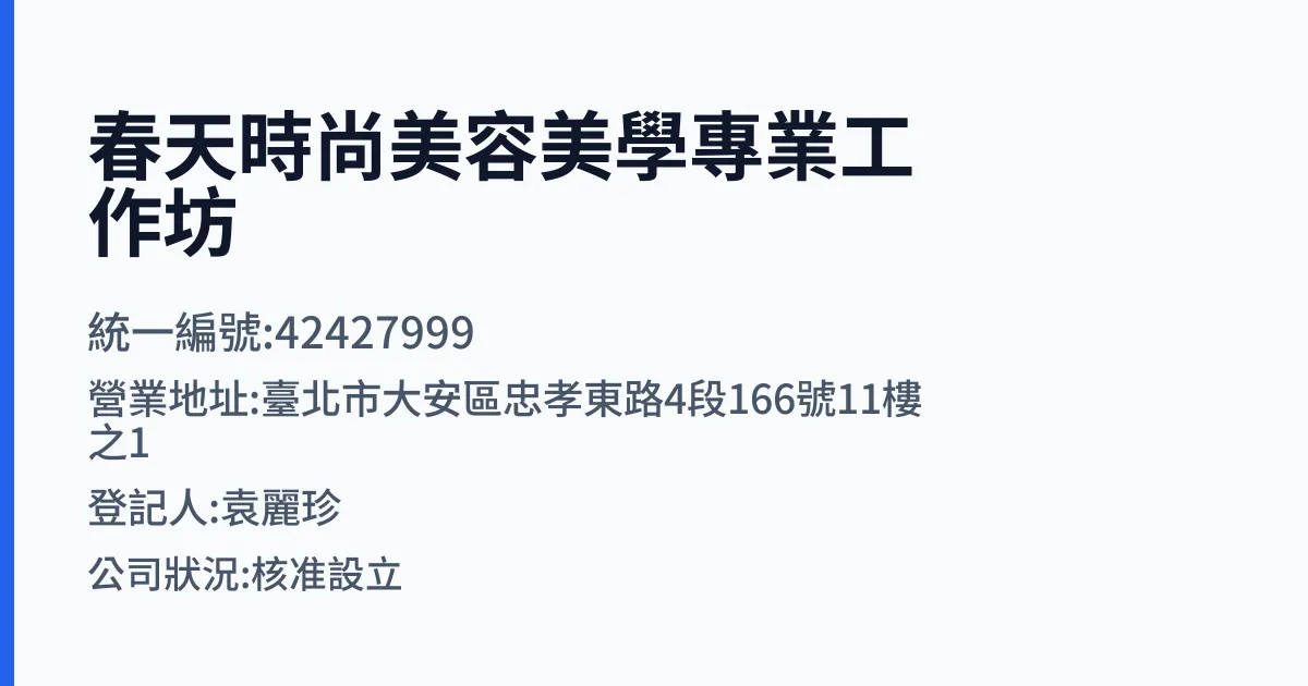 春天時尚美容美學專業工作坊 - 統編 42427999(臺北市) 公司登記資料與營業項目詳細圖表