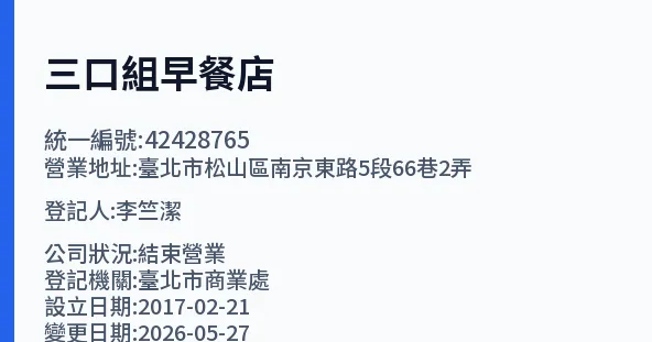三口組早餐店的照片-統編 42428765(臺北市) 公司登記資料與營業項目詳細圖表