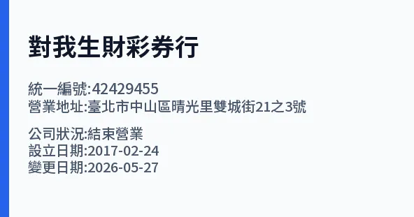 對我生財彩券行的照片-統編 42429455(臺北市) 公司登記資料與營業項目詳細圖表