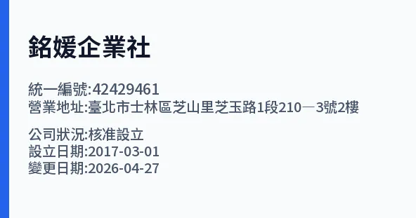 銘媛企業社的照片-統編 42429461(臺北市) 公司登記資料與營業項目詳細圖表
