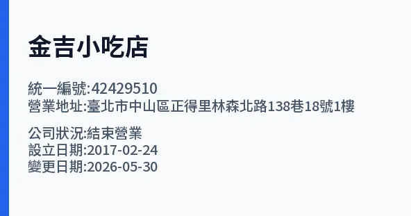 金吉小吃店的照片-統編 42429510(臺北市) 公司登記資料與營業項目詳細圖表